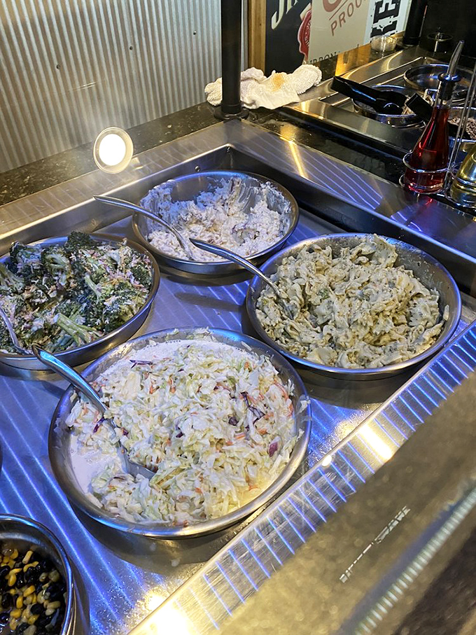 The salad bar offers a rainbow of options for those who insist on balancing their indulgence with something green. Noble effort!