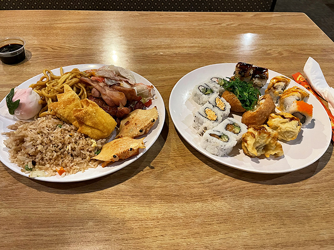The art of buffet plate arrangement&mdash;a little bit of everything, strategically positioned to prevent flavor mingling. A culinary jigsaw puzzle worth solving. 