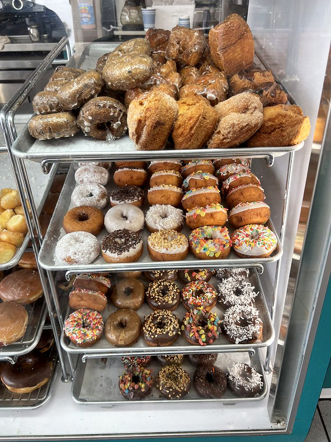 The multi-tiered display case is like the Louvre of fried dough&mdash;each shelf a different gallery of sugary masterpieces waiting for their moment in the spotlight.