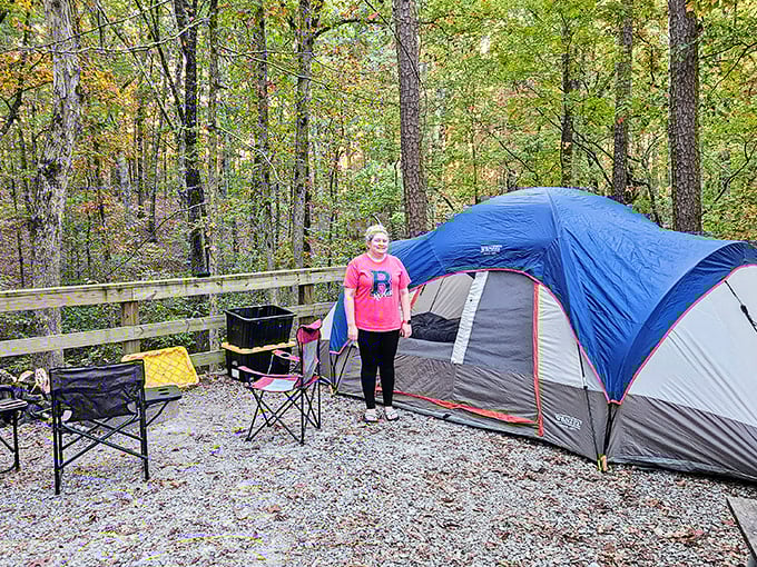 Camping: where "no room service" becomes the selling point. This cozy tent setup proves that sometimes the five-star experience comes with an infinite ceiling of actual stars.