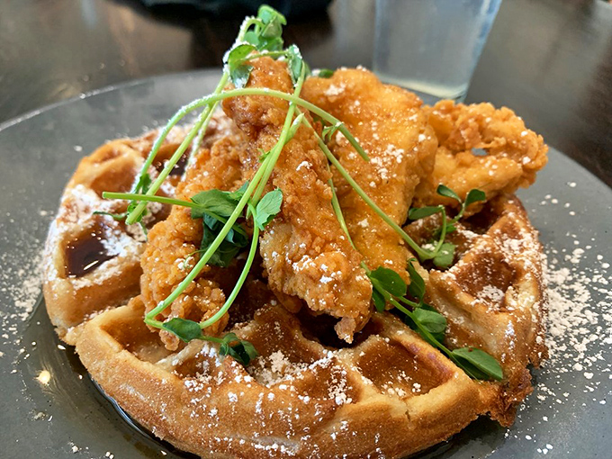 Chicken and waffles reimagined: Crispy meets fluffy, savory meets sweet, and your fork meets the perfect bite every time.