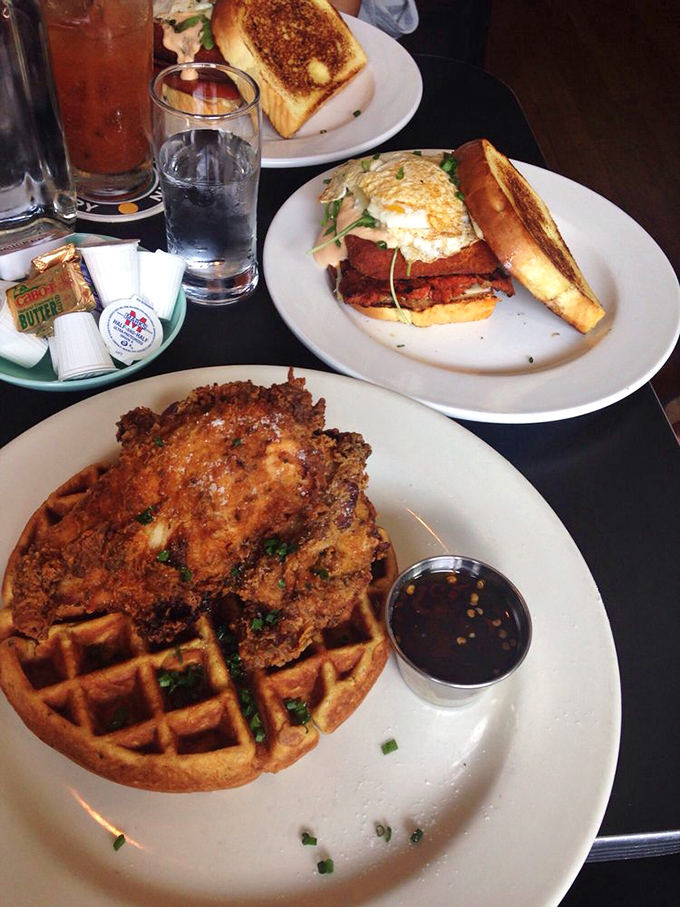 The legendary chicken and waffles in their natural habitat. That hot pepper syrup waiting to create the perfect sweet-savory-spicy trifecta that dreams are made of.