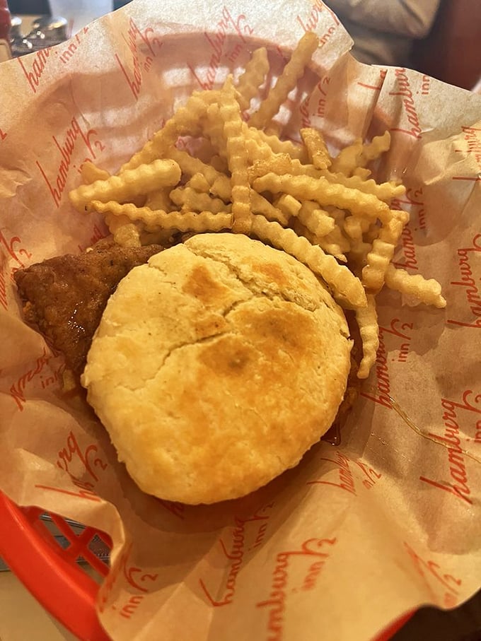 When a chicken sandwich and a biscuit love each other very much, this golden-crusted beauty is what happens. The crinkle fries are just a bonus.