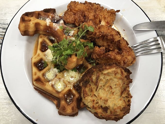The chicken and waffle alliance proves once again that the best relationships are built on sweet-savory contrasts and maple-kissed promises.