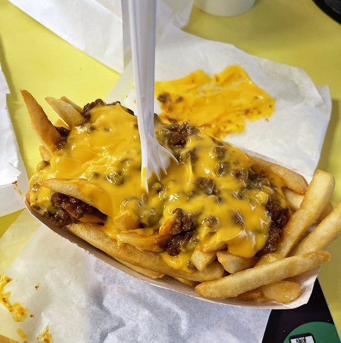 Chili cheese fries: where a fork becomes a treasure-hunting tool and napkins are absolutely non-negotiable.