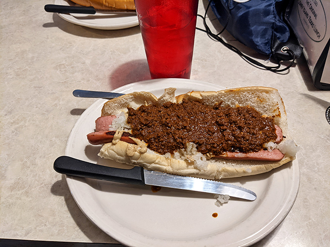 The legendary Texas wiener, buried under that signature meat sauce. This is what people drive across Pennsylvania for.