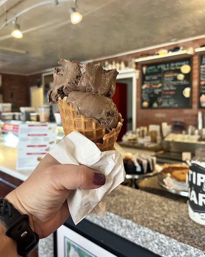 A waffle cone clutched like treasure, chocolate scoops stacked with the architectural precision of someone who understands life's priorities.