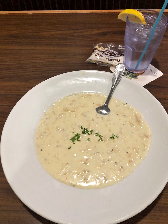 The holy grail itself&mdash;New England clam chowder that's achieved creamy perfection. Those oyster crackers know they're just lucky to be invited to this party.