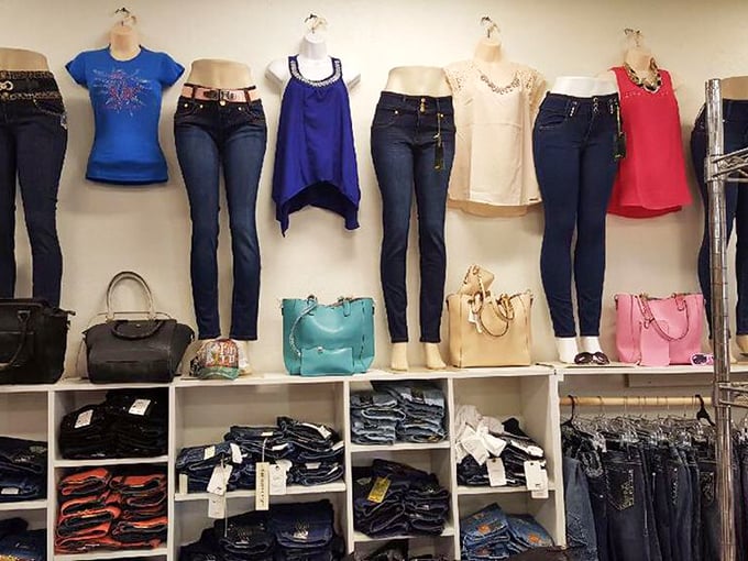 Not your average department store display. These crisp jeans and colorful tops offer brand-new alternatives to the vintage finds elsewhere in the market.