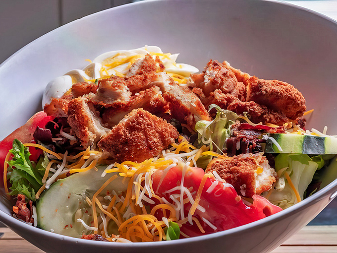 A salad that answers the eternal question: "How do I eat healthy while still enjoying fried chicken?" Behold, the perfect compromise.