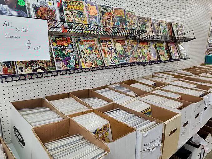 Comic book nirvana where childhood heroes await rediscovery. Each box contains someone's origin story and at least one caped crusader having a bad day.