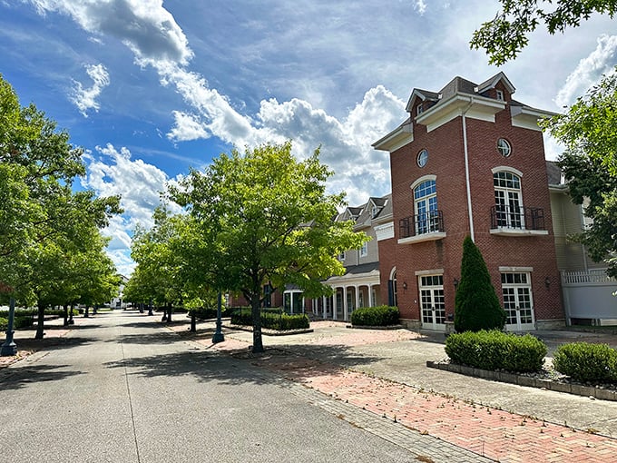 Beyond the basket lies this charming brick building, looking suspiciously normal by comparison. "Nothing to see here, folks!"