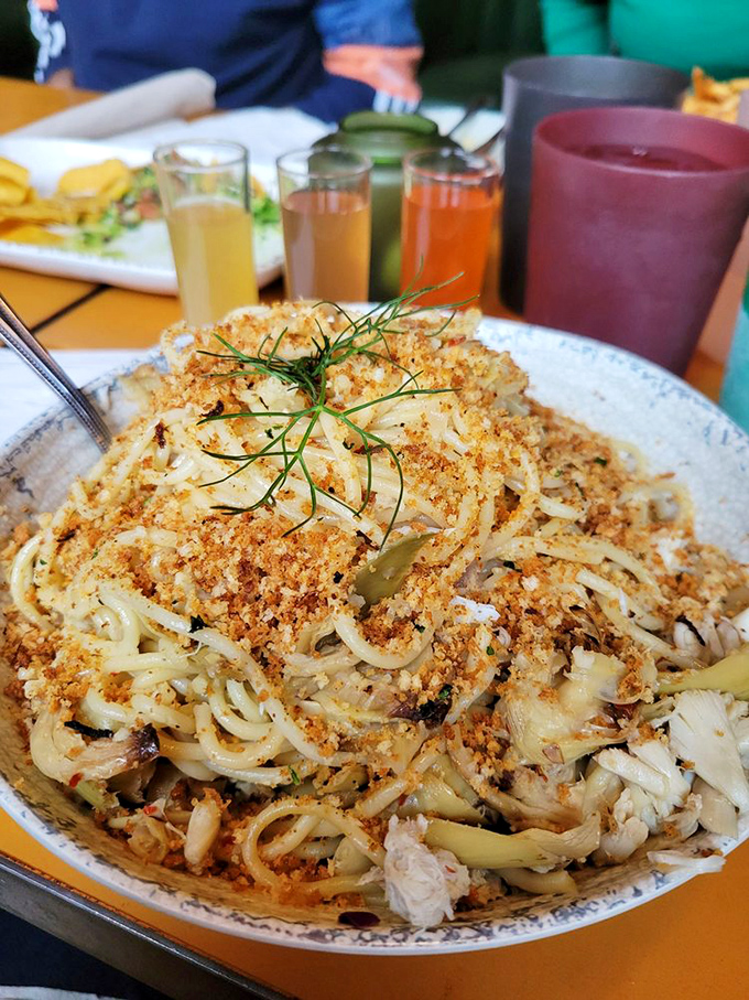 Crab spaghetti that would make Neptune himself swim to shore. Those golden breadcrumbs add the perfect textural contrast to delicate seafood.