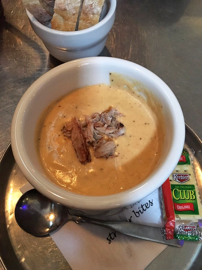 Crab bisque rich enough to make your grandmother's recipe weep tears of pure envy.