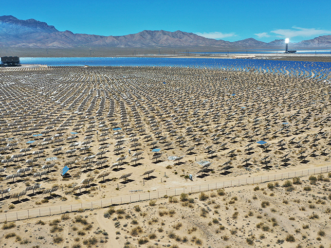 Crescent Dunes Solar Energy Plant harnesses Nevada's abundant sunshine with thousands of mirrors creating a mesmerizing pattern across the desert floor&mdash;science fiction made gloriously real.