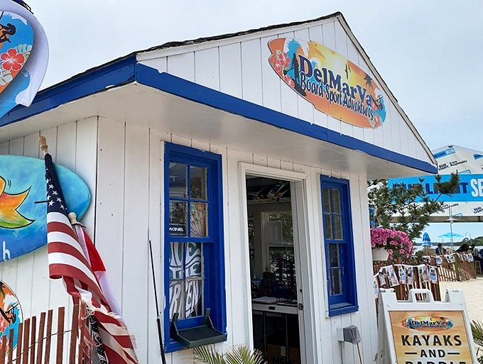 Delmarva Board Sport Adventures beckons water enthusiasts with its cheerful facade&mdash;the gateway to paddleboard zen and kayak therapy.
