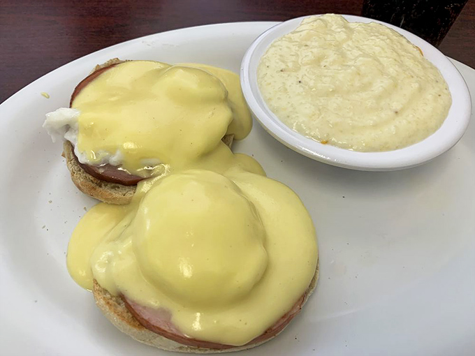 Eggs Benedict that doesn't need to show off. That hollandaise sauce has the perfect consistency&mdash;like a silk blanket for your breakfast.
