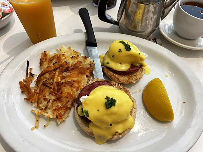 Eggs Benedict: where hollandaise sauce flows like liquid gold over perfectly poached eggs, creating the breakfast equivalent of a standing ovation.