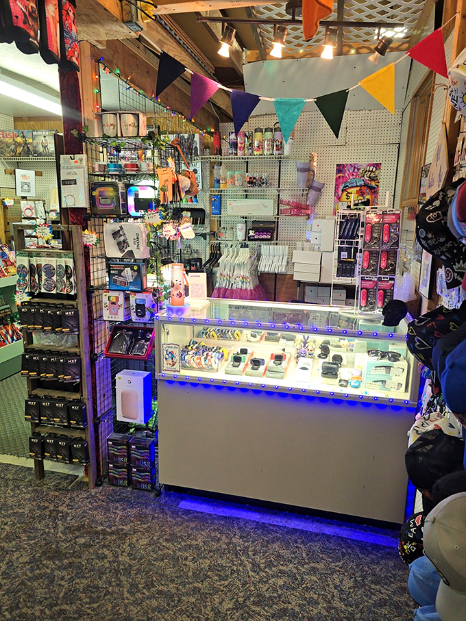 A neon-lit wonderland of modern trinkets nestled among vintage finds. Where else can smartphone accessories neighbor collectibles from another era?