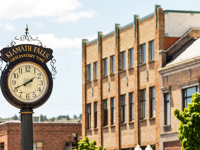 The iconic Klamath Falls Observatory Time clock stands sentinel downtown, reminding visitors that in this charming city, time moves at its own perfect pace.