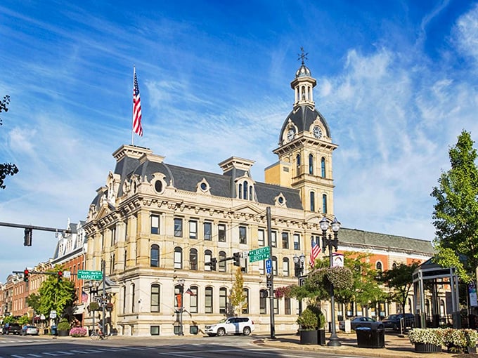 The Wayne County Courthouse stands like a Victorian grande dame overlooking the town square, her clock tower keeping time for generations of Wooster residents.