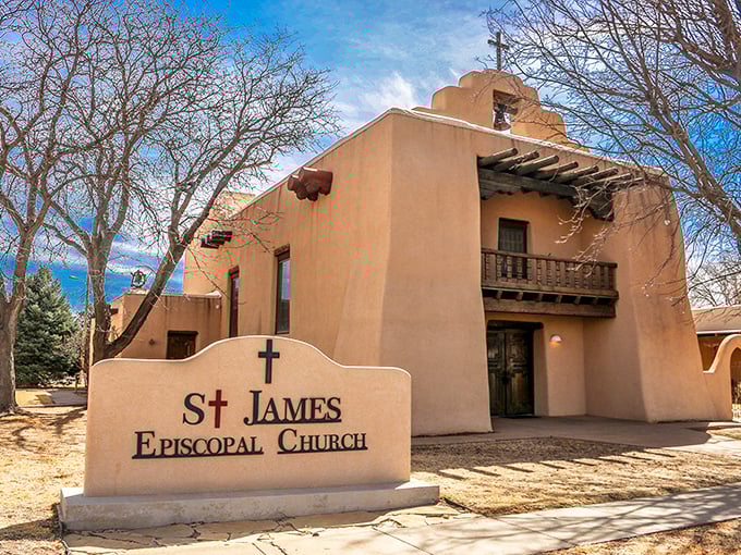St. James Episcopal Church embodies the Southwest's architectural heritage, its adobe walls and wooden vigas creating a sanctuary of both spiritual and visual peace.
