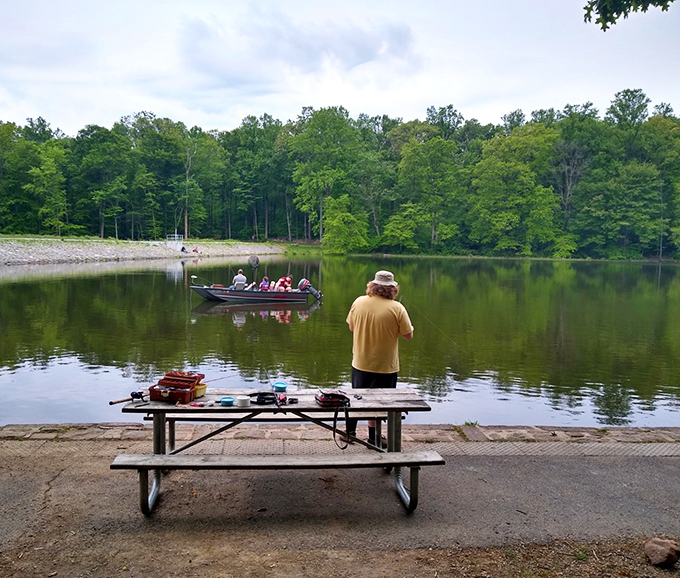 The patient fisherman waits while his picnic table holds court. Some say fishing is boring &ndash; those people have never known the thrill of the catch.