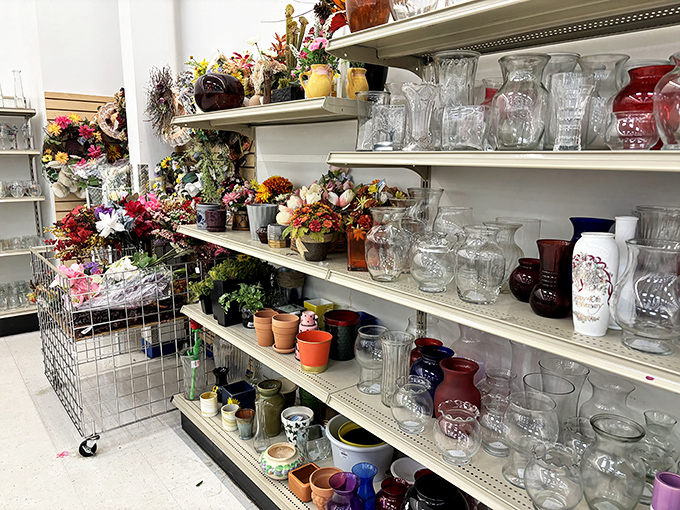 The glassware and flower section: where your grandmother's vases come to meet their new families. Crystal and ceramic treasures await. 