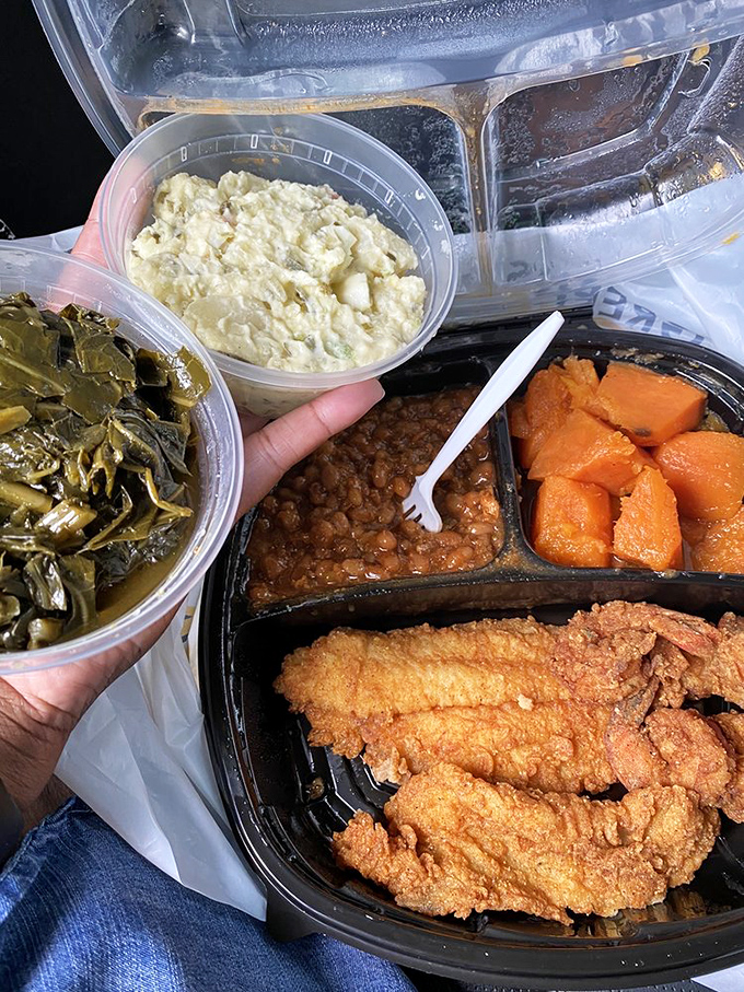 A takeout feast that makes your car smell better than any air freshener ever could. Collards, potato salad, and golden fried seafood&mdash;the holy trinity of Southern takeout.