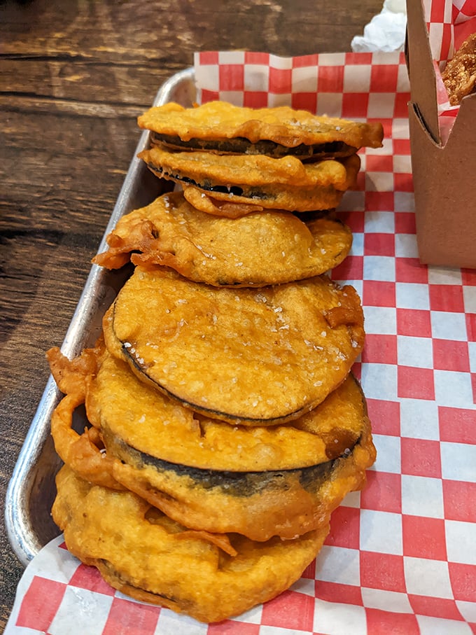 Crispy eggplant discs that shatter with each bite. These golden-battered beauties make vegetables feel like a reward rather than a requirement.
