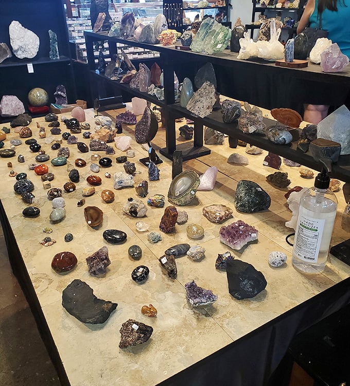 Nature's artwork sparkles in this geological wonderland, where crystals and gemstones transform an ordinary table into a museum-worthy display of Earth's treasures.
