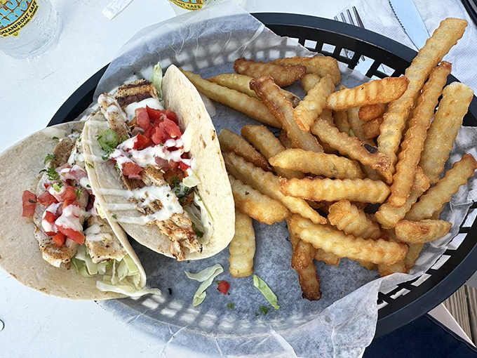 Fish tacos and fries&mdash;the ultimate beach combo that makes you question why you ever eat lunch indoors or wear business casual.