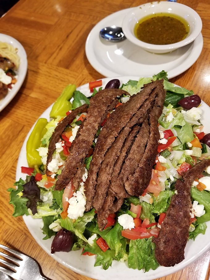 A Greek salad topped with seasoned meat that whispers the Mediterranean origins of Cincinnati's unique food culture. Feta makes everything betta.
