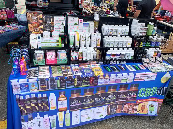 The CBD corner, where curious shoppers ponder whether these tinctures might finally solve that nagging shoulder pain better than Aunt Mildred's home remedy.