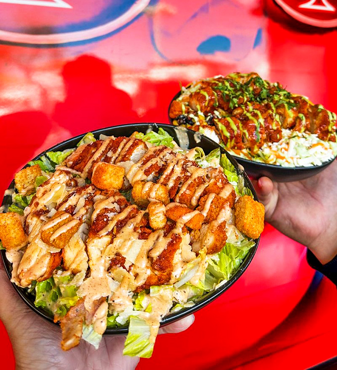 These chicken bowls aren't just meals, they're masterpieces &ndash; where crisp lettuce provides cooling refuge from the spicy chicken storm.