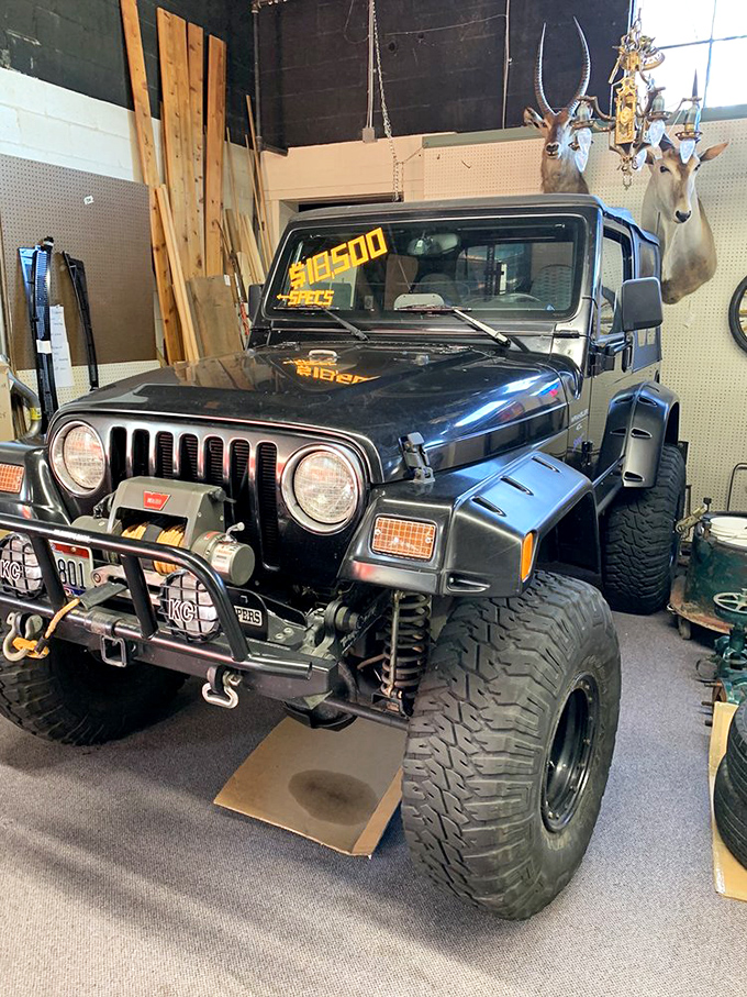 This isn't just a Jeep&mdash;it's an adventure waiting to happen, parked between taxidermy and treasures like some rugged Indiana Jones artifact.