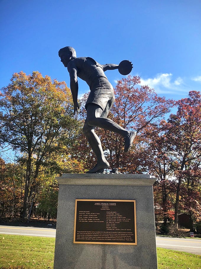 Jim Thorpe himself, immortalized in bronze mid-stride. The Olympic legend looks ready to sprint right off that pedestal.