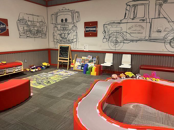 The kids' area proves car culture starts early. Those wall sketches are basically automotive bedtime stories for future gearheads.