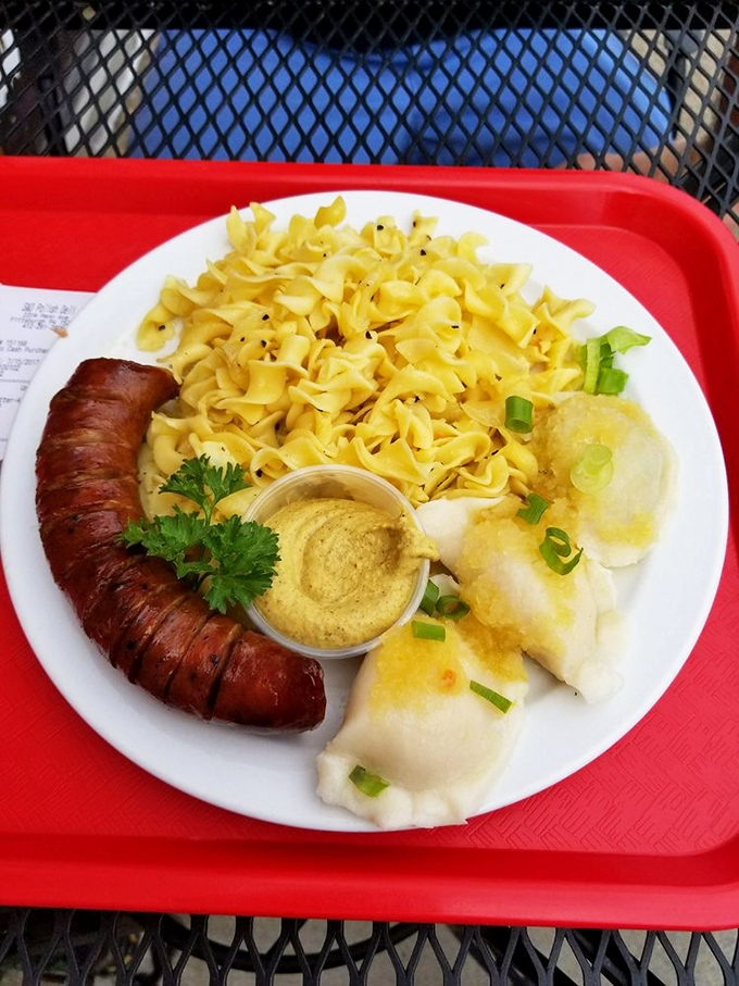 A plate that speaks three languages: kielbasa, noodles, and pierogies having a delicious conversation while mustard listens intently from the sidelines.