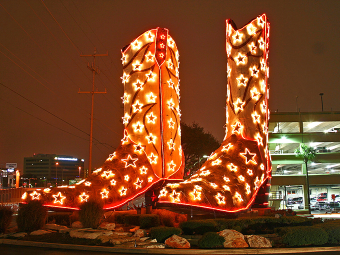 During the holidays, these boots don their festive best with star-shaped lights. Santa's sleigh could probably fit inside one.