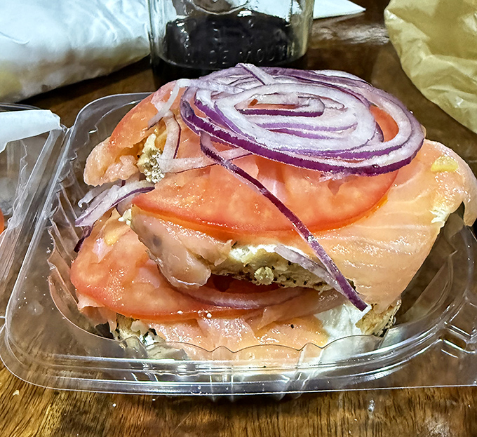 Lox so good it makes bagels feel overdressed. Those red onions add the perfect sharp note to this symphony of breakfast perfection.