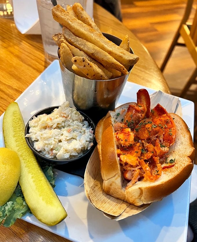 The lobster roll that launched a thousand return visits. Served with crispy fries and house-made coleslaw, it's New England comfort in the heart of Pennsylvania.