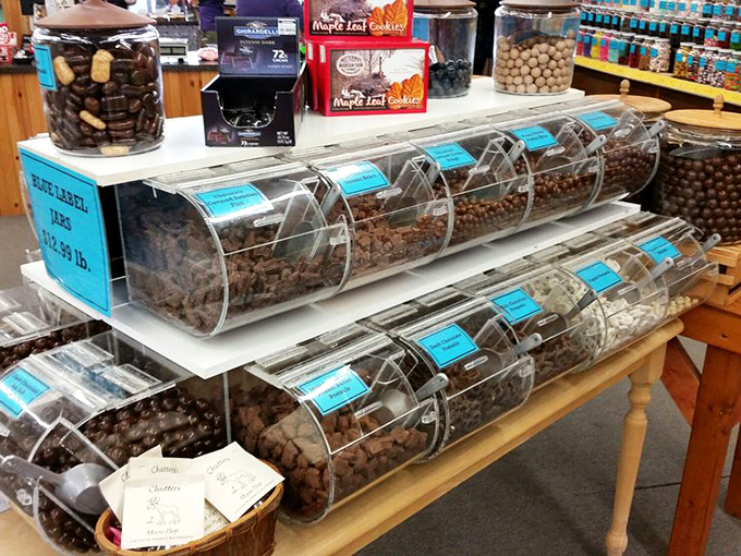 Chocolate-covered everything, displayed in clear bins like the precious gems they are. Maple treats remind you you're in New England territory.