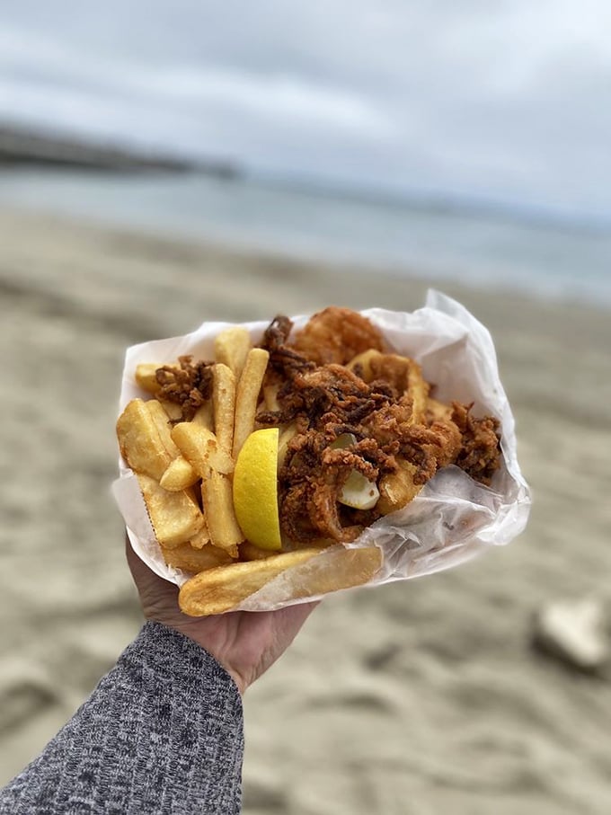 Beach picnics reach new heights when Barbara's crispy calamari and fries come along for the ride. The ocean view is complimentary.