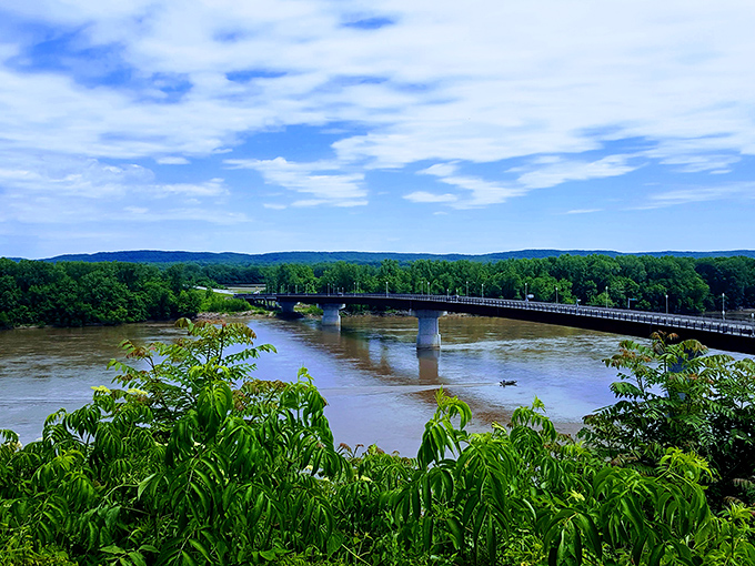 The Missouri River flows beneath Hermann's bridge like nature's own highway. Those rolling hills in the background? They're what convinced German settlers this could be their "New Rhineland."