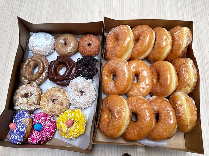 The Sophie's Choice of donut boxes&mdash;classics on the right, adventurous options on the left.