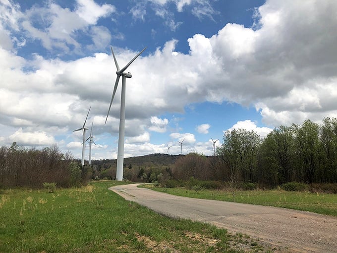 Wind turbines dot the ridgelines near Thomas, a striking visual reminder of how this former coal town is embracing sustainable energy and its future.
