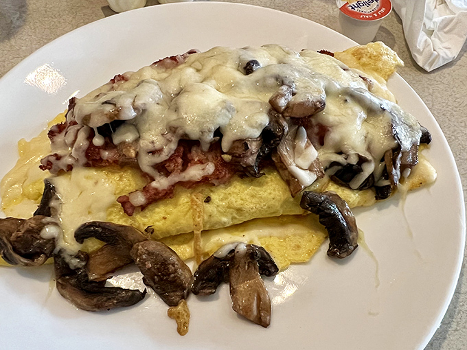This mushroom omelet isn't just breakfast – it's an edible work of art draped in melted cheese that whispers, "Diet? What diet?"