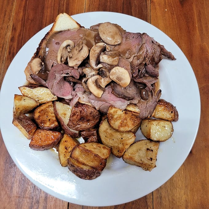 Beef tips with mushrooms and roasted potatoes&mdash;proof that sometimes the best things in life aren't complicated, just perfectly executed.