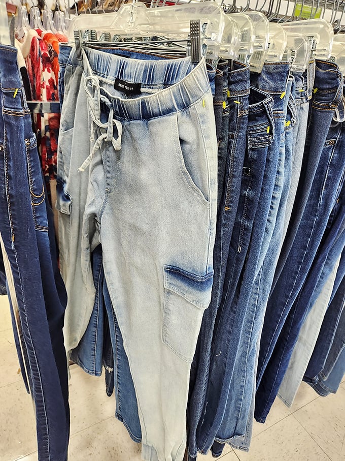 Denim democracy in action—every style, wash, and era represented. Those light cargo-pocket jeans could be tomorrow's vintage find.